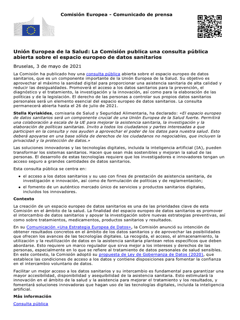 Uni N Europea de La Salud La Comisi N Publica Una Consulta P Blica Abierta Sobre El Espacio ...