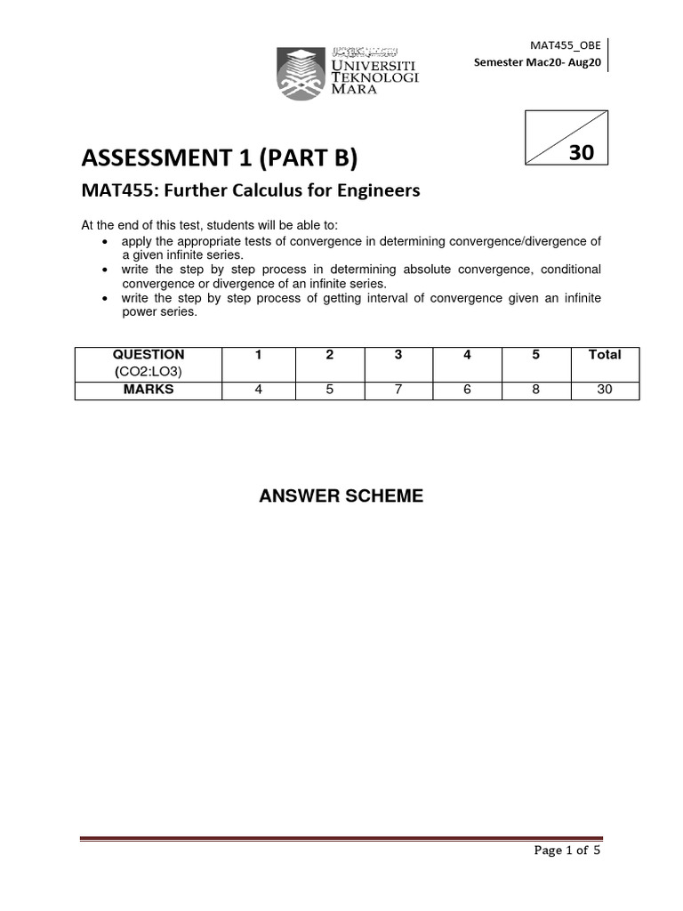 Test 1 - Answer Scheme | PDF | Series (Mathematics) | Power Series