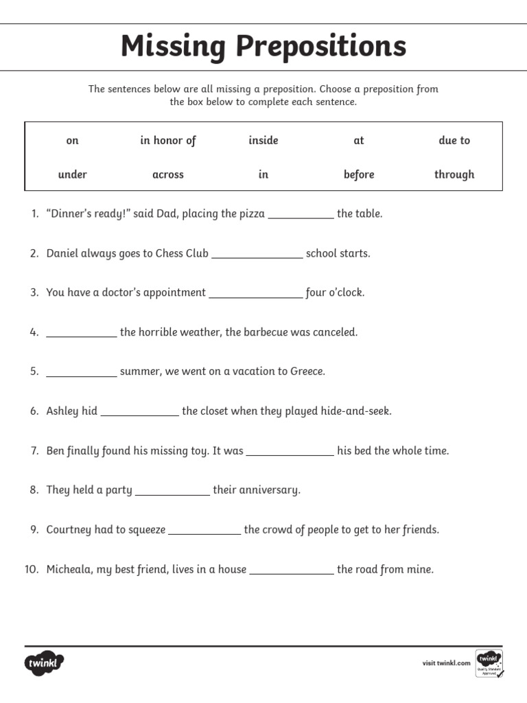 Missing Prepositions Exercise for Kids | PDF