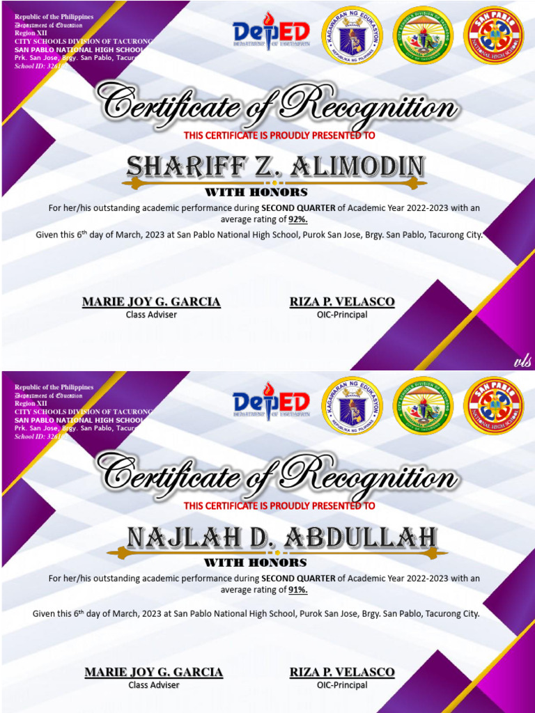 CERTIFICATES-FOR-RECOGNITION-2nd-quarter (1) SAN PABLO | PDF