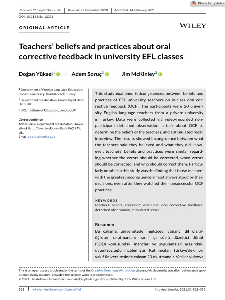 Teachers' Beliefs and Practices About Oral Corrective Feedback in University EFL Classes | PDF ...