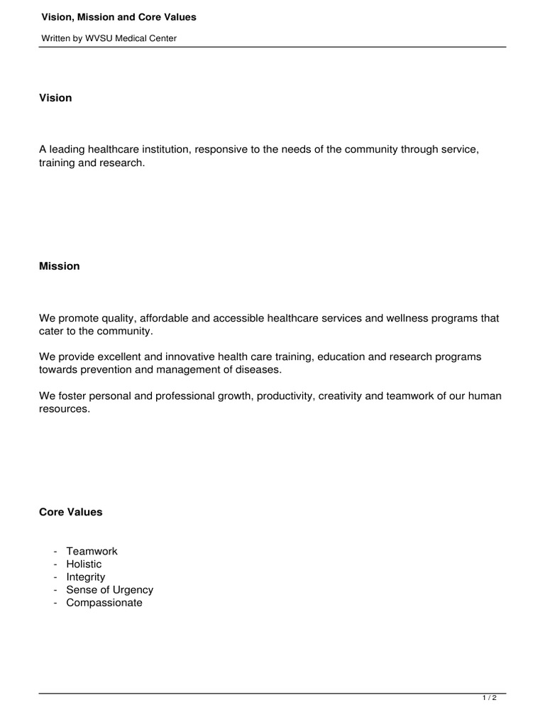 WVSU Medical Center Vision & Values | PDF
