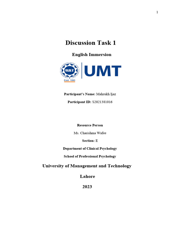 Discussion Task 1 | PDF | Psychology | Behavioural Sciences