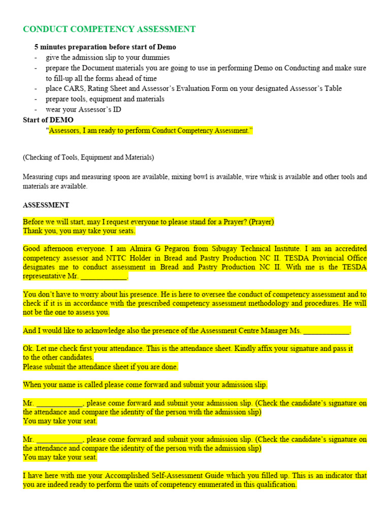 script-CONDUCT COMPETENCY ASSESSMENT | PDF | Cakes