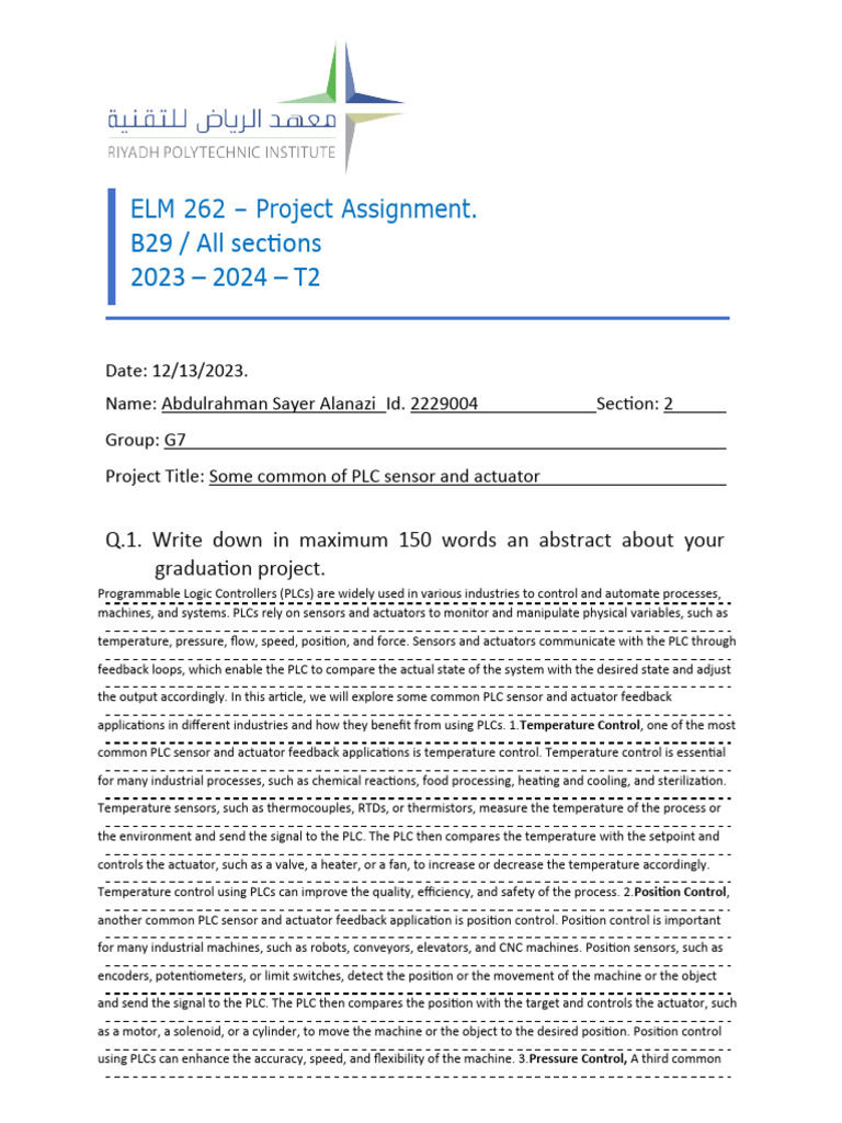 ELM 262 Assignment - 2023 - 2024 - T2 Some Common of PLC Sensor and Actuator | PDF ...