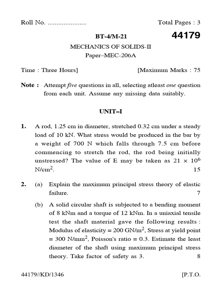 Mechanics of Solids-II MEC-206A | PDF | Bending | Stress (Mechanics)