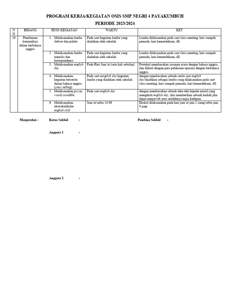 Program Kerja Osis Sekbid 10 | PDF