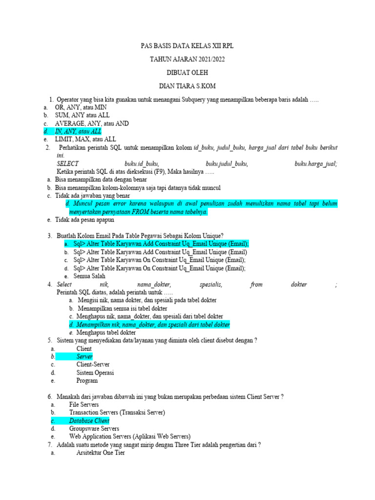 Kisi Basis Data Kelas Xii RPL | PDF | Komputer