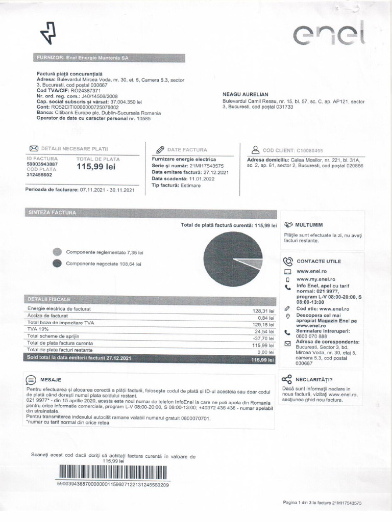 Factura ENEL Aurelian Neagu Dec 2021 | PDF