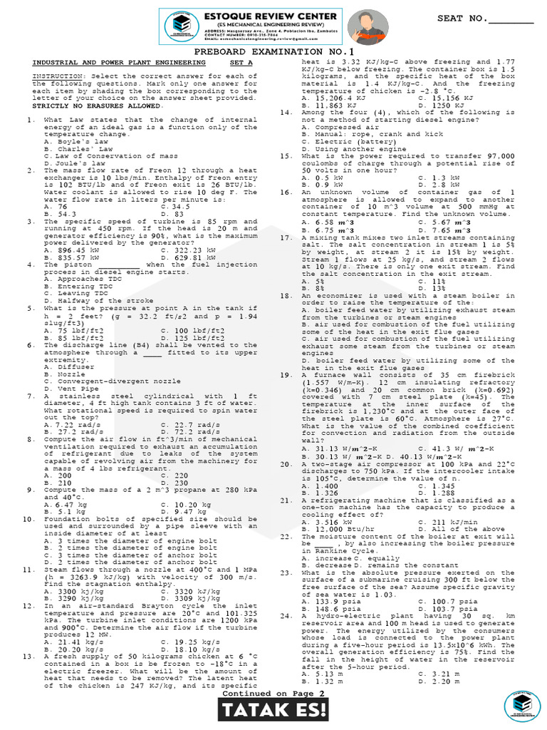 Preboards 1-Pipe-2 | PDF | Enthalpy | Boiler