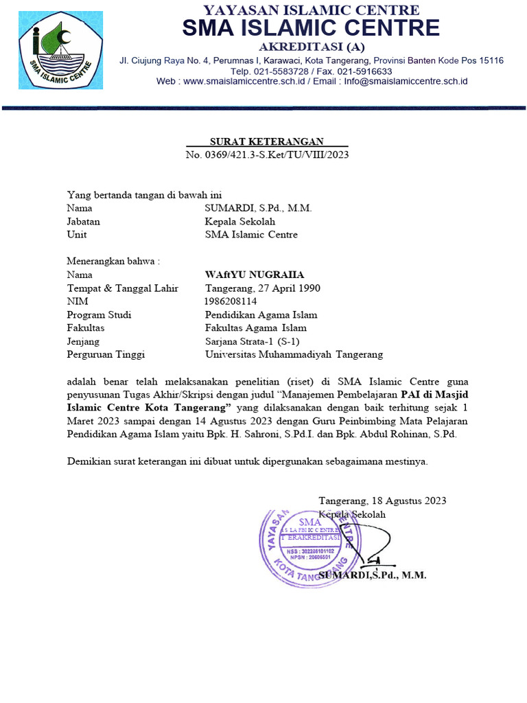 Surat Keterangan Penelitian Wahyu Nugraha | PDF