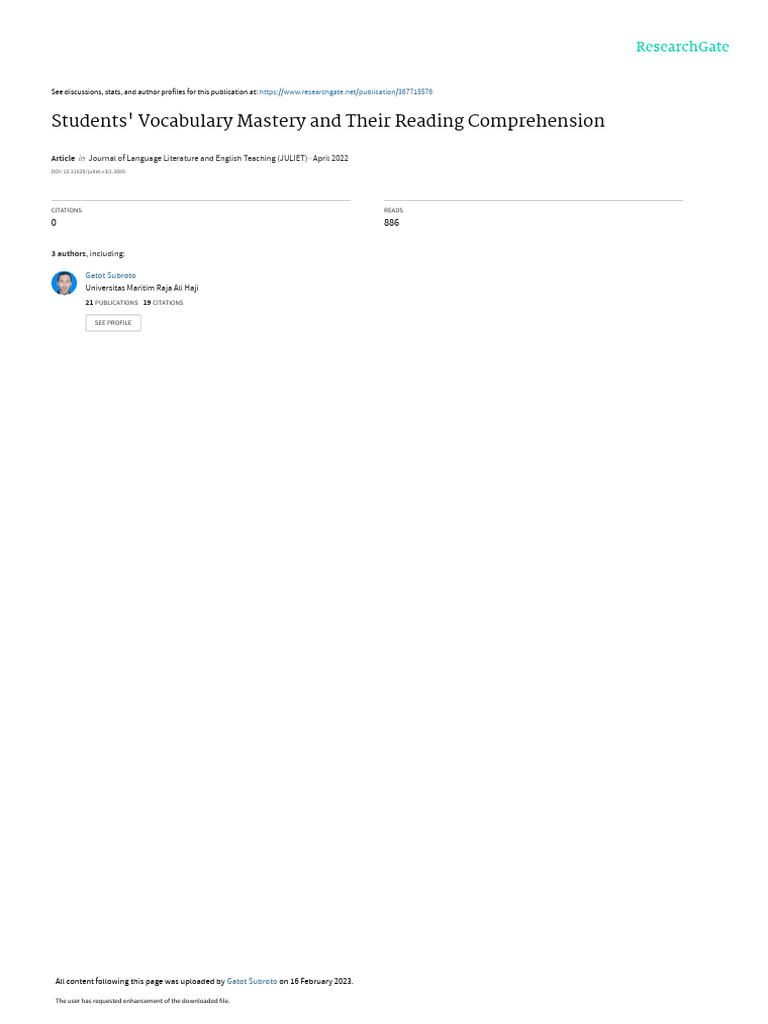 Students Vocabulary Mastery and Their Reading Com | PDF