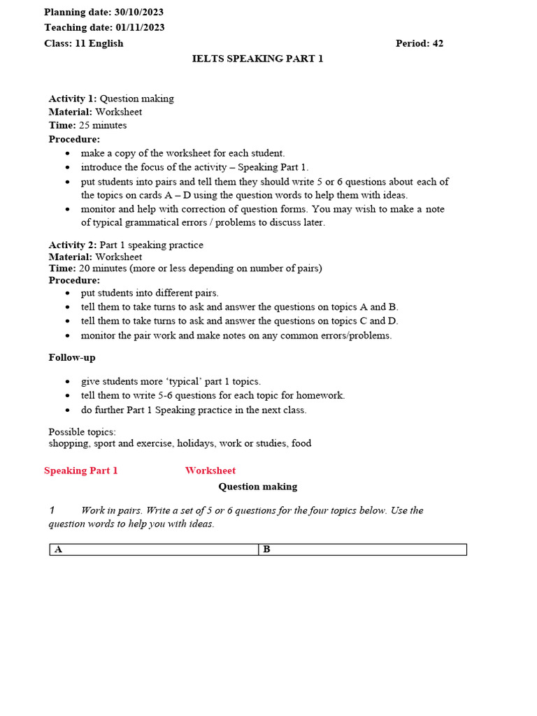 IELTS Speaking Part 1 Lesson Plan | PDF | Worksheet | Question