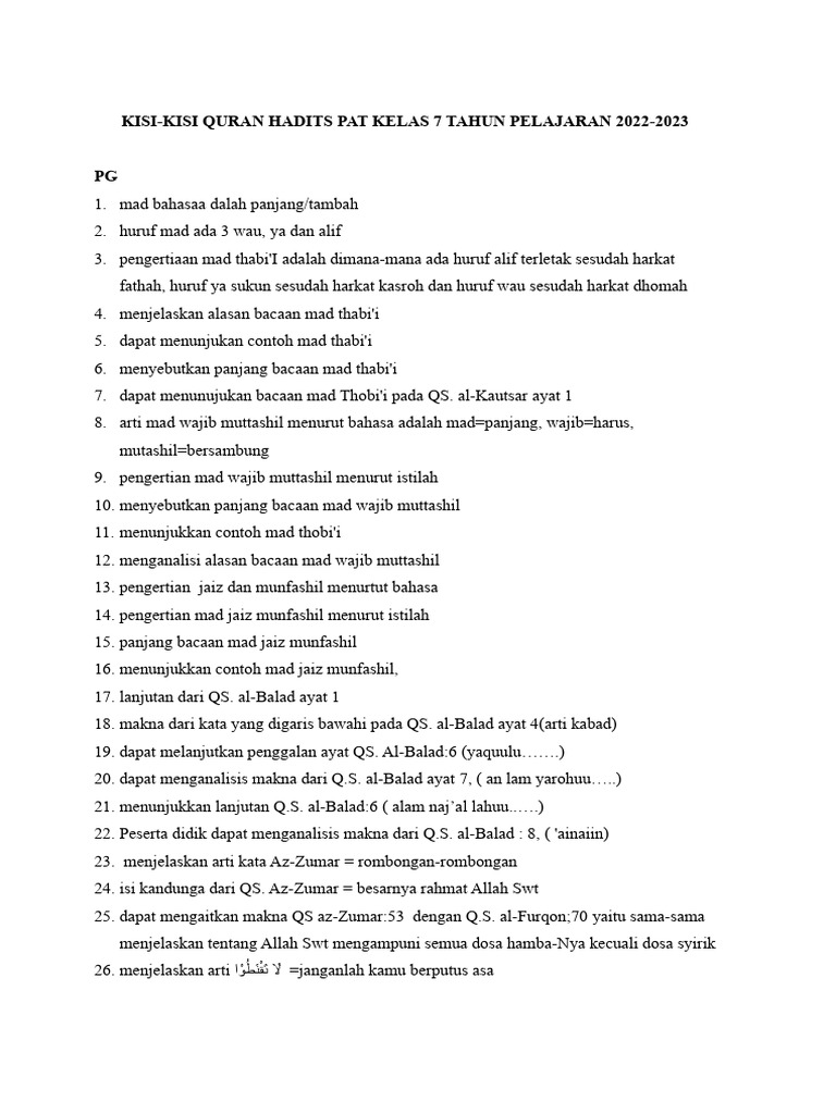 Kisi-Kisi Pat (Siswa) Qurdis Kelas 7 2022-2023 | PDF | Kajian Bahasa Asing
