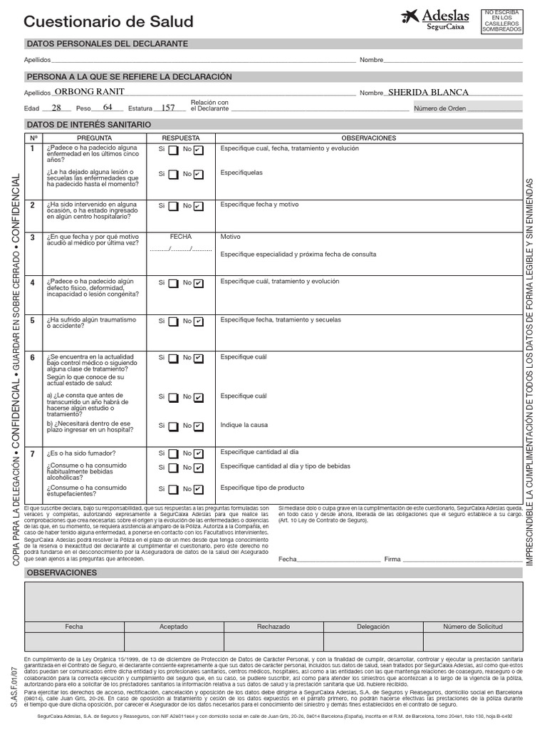 Editable Cuestionario de Salud Sherida Blanca O. Ranit | PDF | Póliza de seguros | Seguro