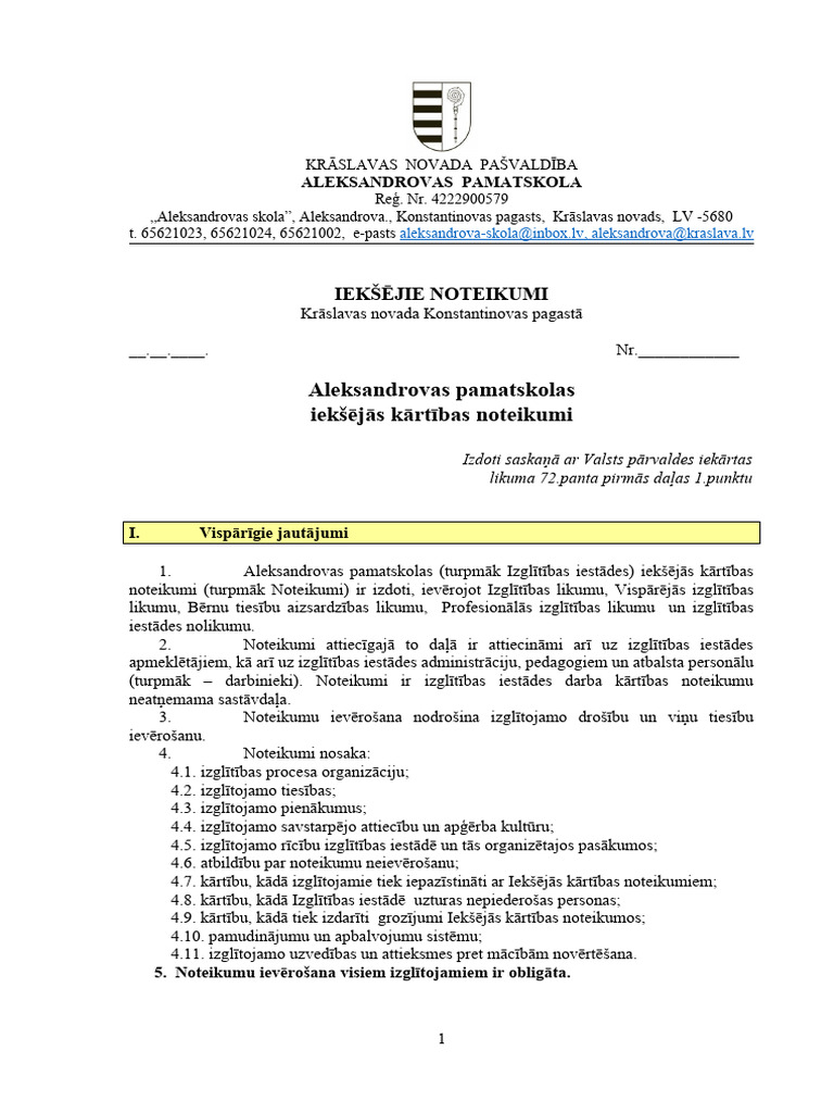 Aleksandrovas Pamatskolas Iekšējās Kārtības Noteikumi | PDF