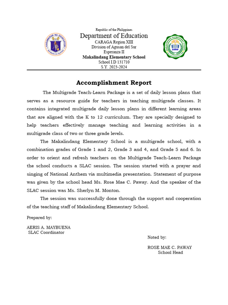 Accomplishment Report SLAC | PDF