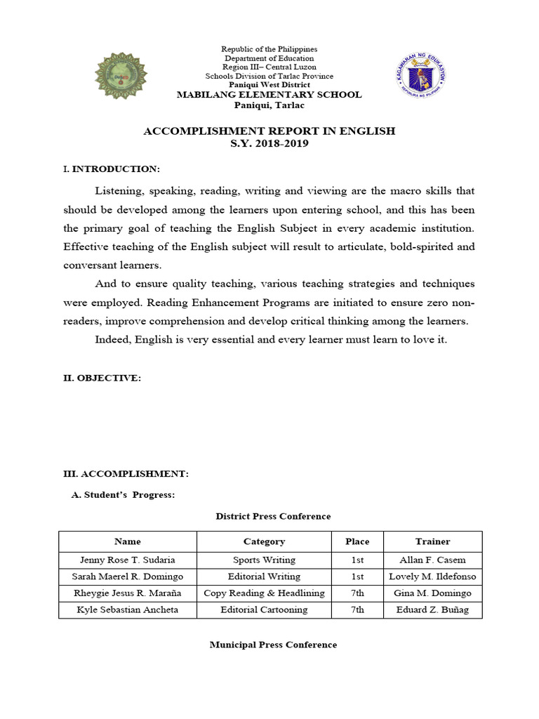 Accomplishment Report in English 2018 | PDF | Cognitive Science | Pedagogy