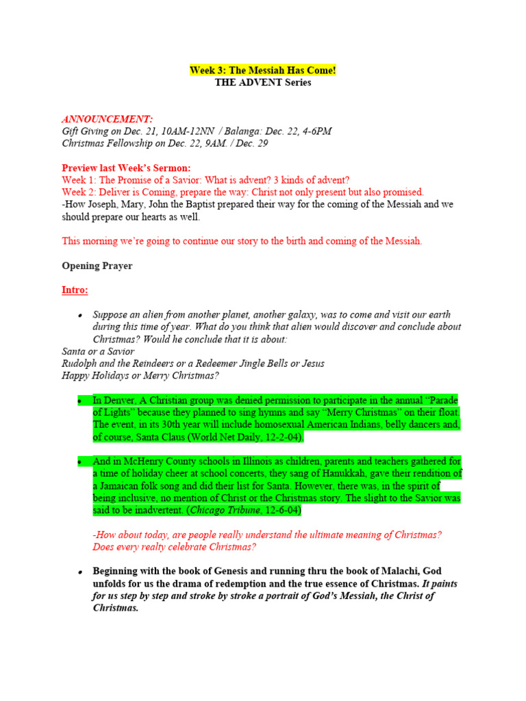 The Messiah's Advent: Week 3 Sermon | PDF | Jesus | Christmas