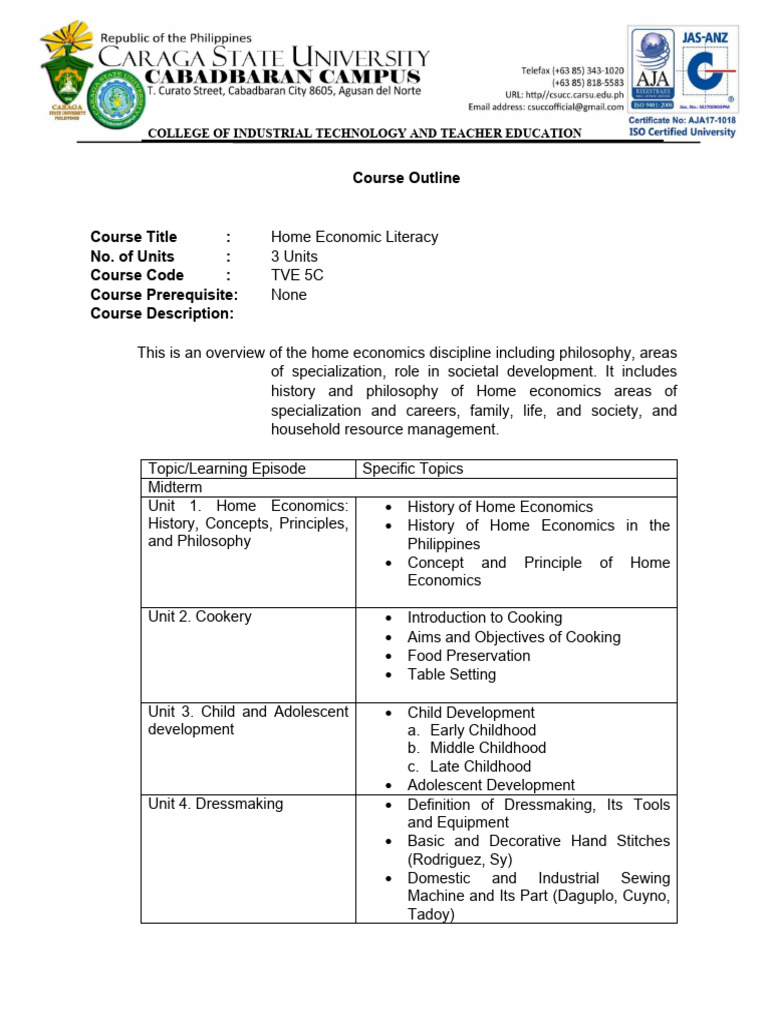Home Economics Literacy Course Outline | PDF | Home Economics | Sewing