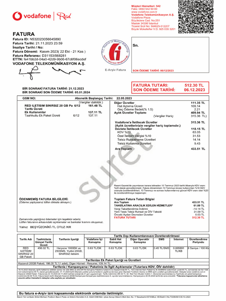 Vodafone Turkish Bill | PDF