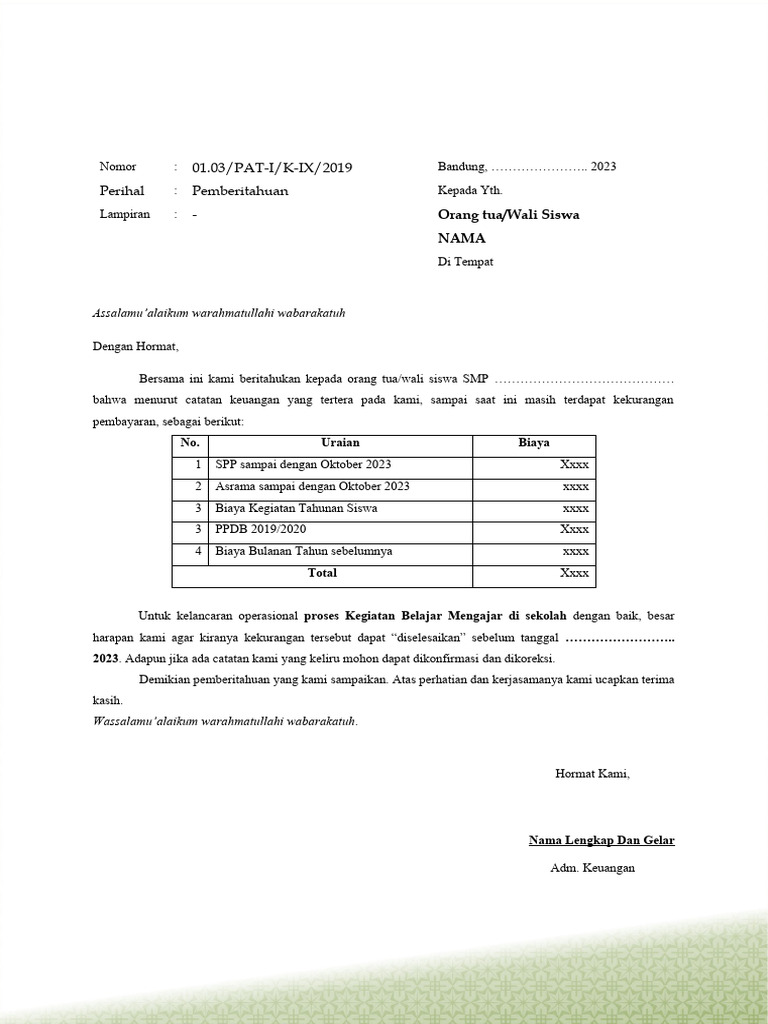 Surat Tagihan Pembayaran SPP Sekolah | PDF