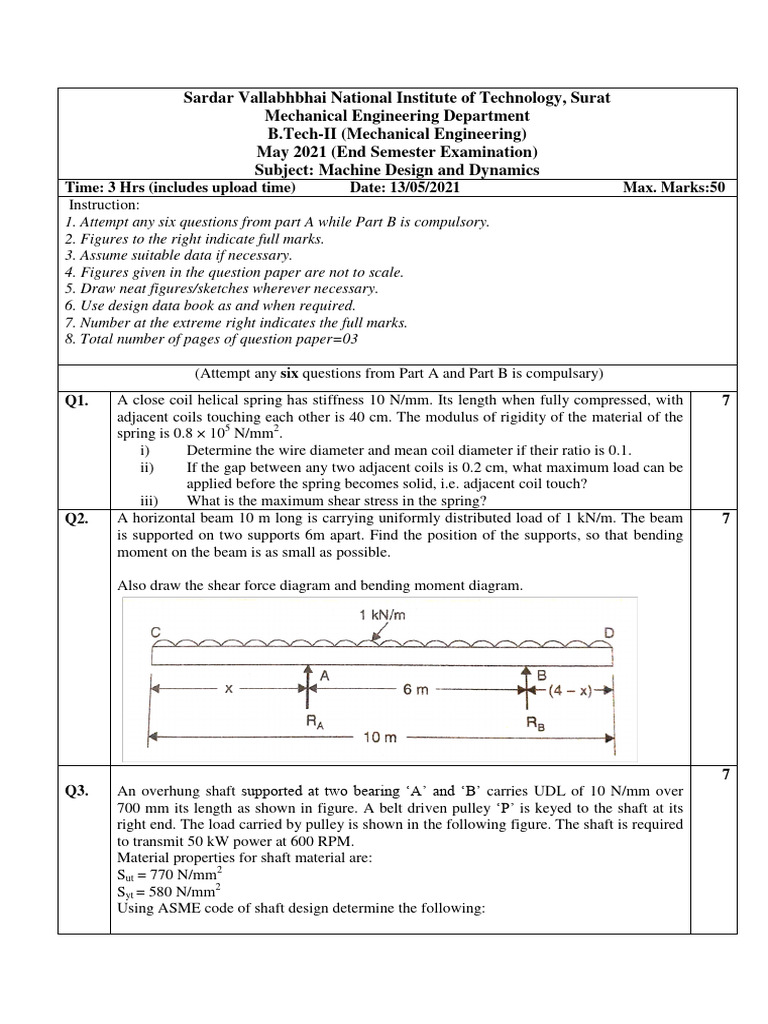 Machine Design Exam Paper 2021 | PDF | Bending | Screw
