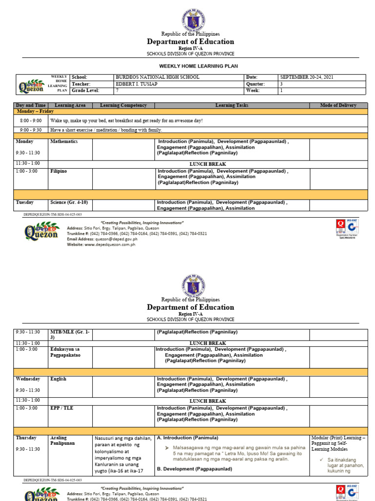 Weekly Home Learning Plan for Grade 7 | PDF