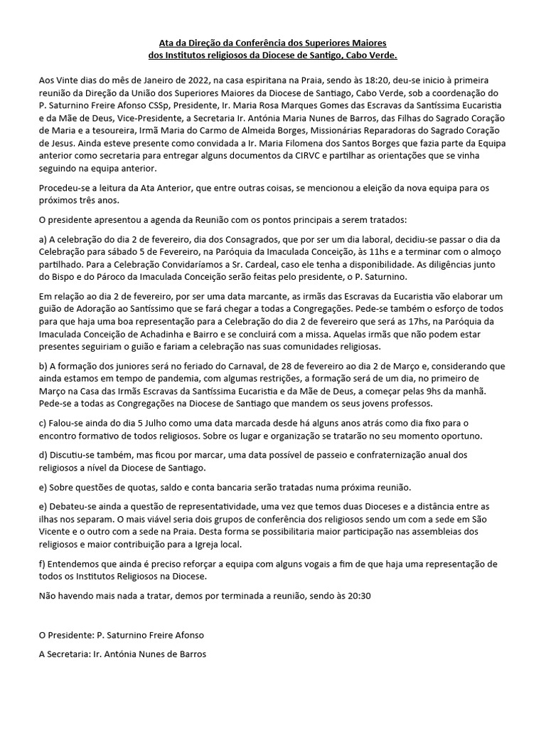 União Dos Superiores Maiores - Acta1 | PDF | Maria, mãe de Jesus | Eucaristia