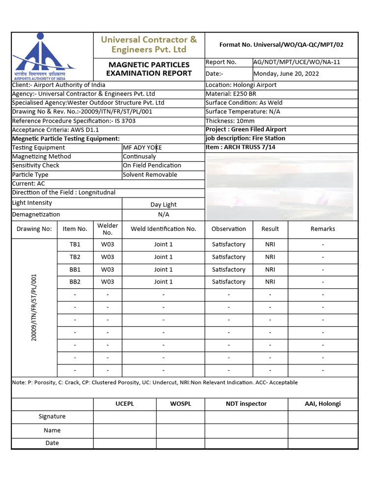 Magnetic Particle Testing Report for AAI | PDF | Construction | Welding