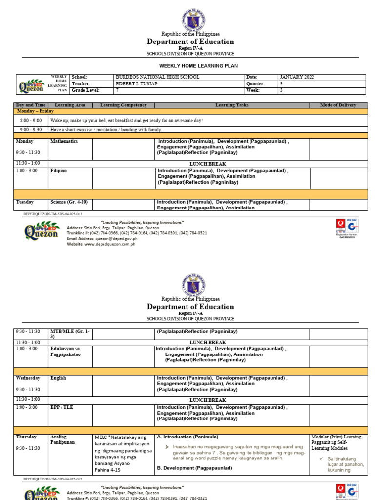 Weekly Home Learning Plan Ap7 Week 3 | PDF