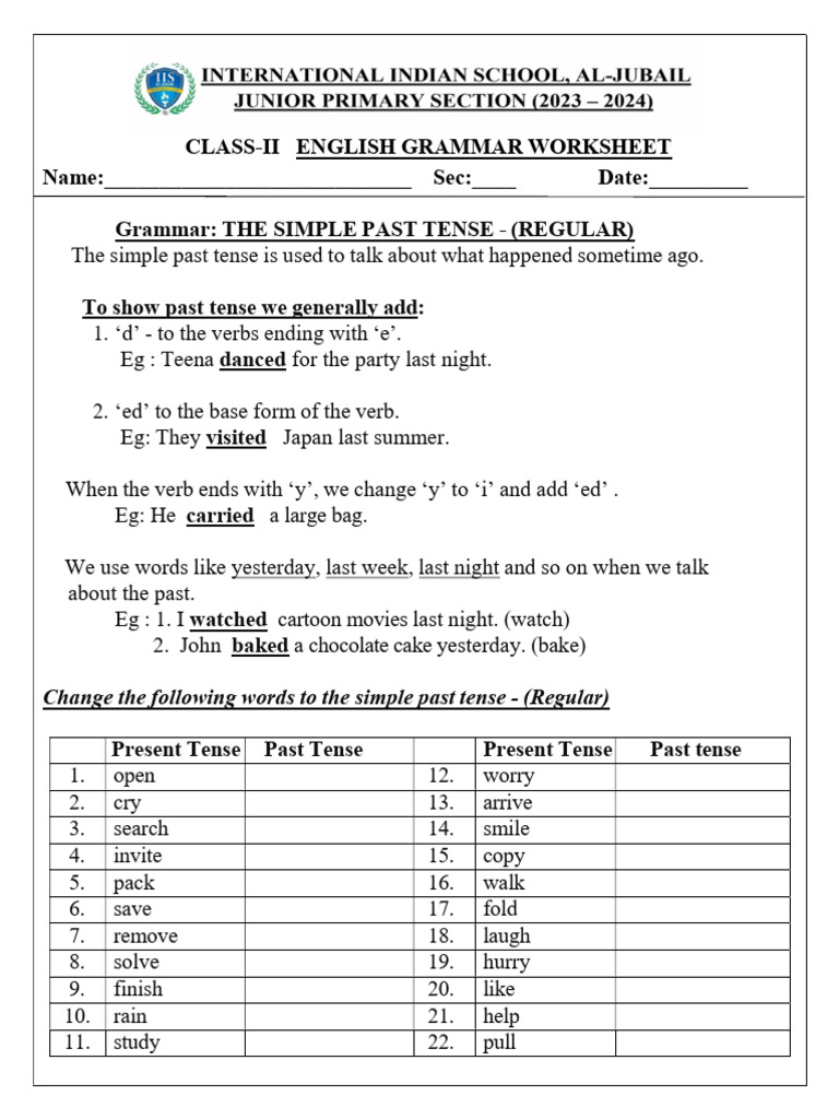 Simple Past Tense Worksheet for Grade 2 | PDF