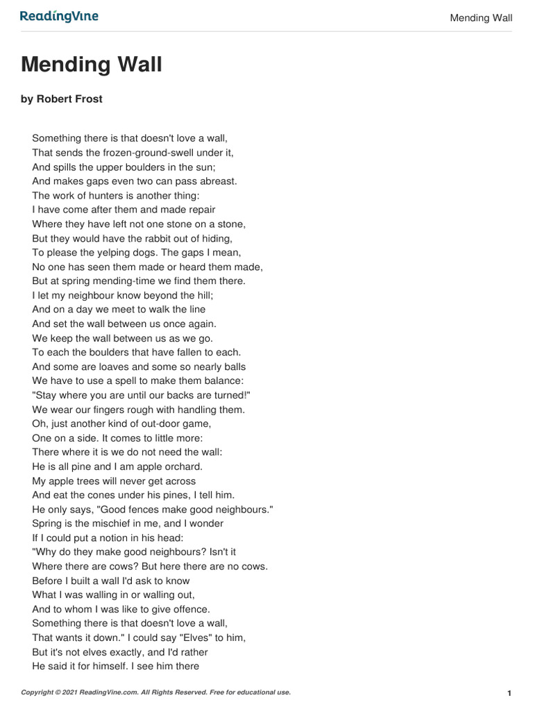 Mending Wall | PDF | Language Arts & Discipline | Home & Garden