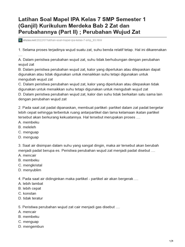 Latihan Soal Mapel IPA Kelas 7 SMP Semester 1 Ganjil Kurikulum Merdeka Bab 2 Zat Dan ...