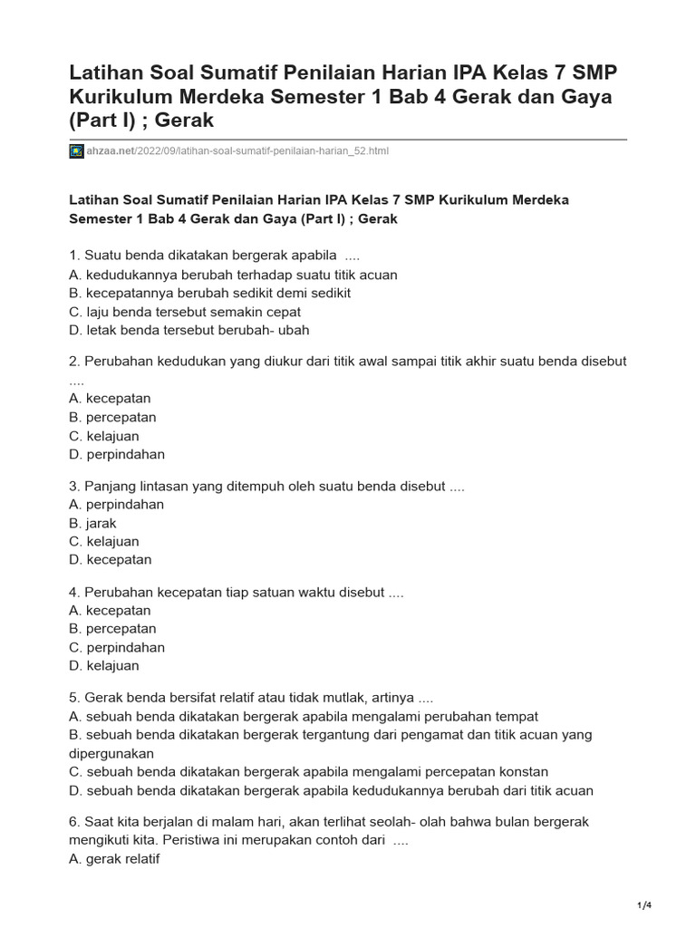 Latihan Soal Sumatif Penilaian Harian IPA Kelas 7 SMP Kurikulum Merdeka Semester 1 Bab 4 Gerak ...