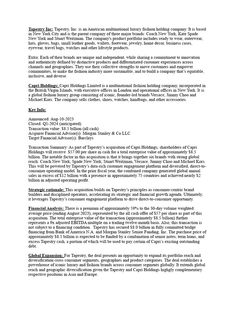Tapestry Acquires Capri Holdings for $8.5B | PDF | Cost Of Living ...