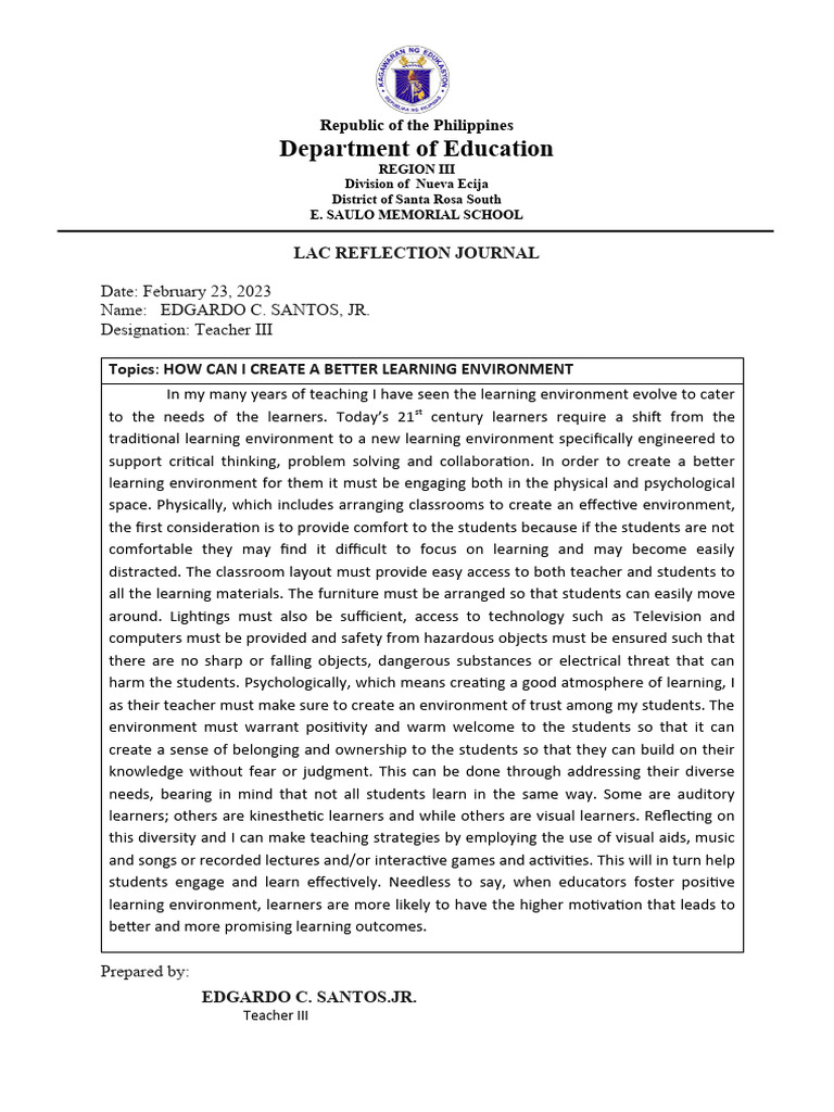 Lac Reflection Journal | PDF | Learning | Teachers