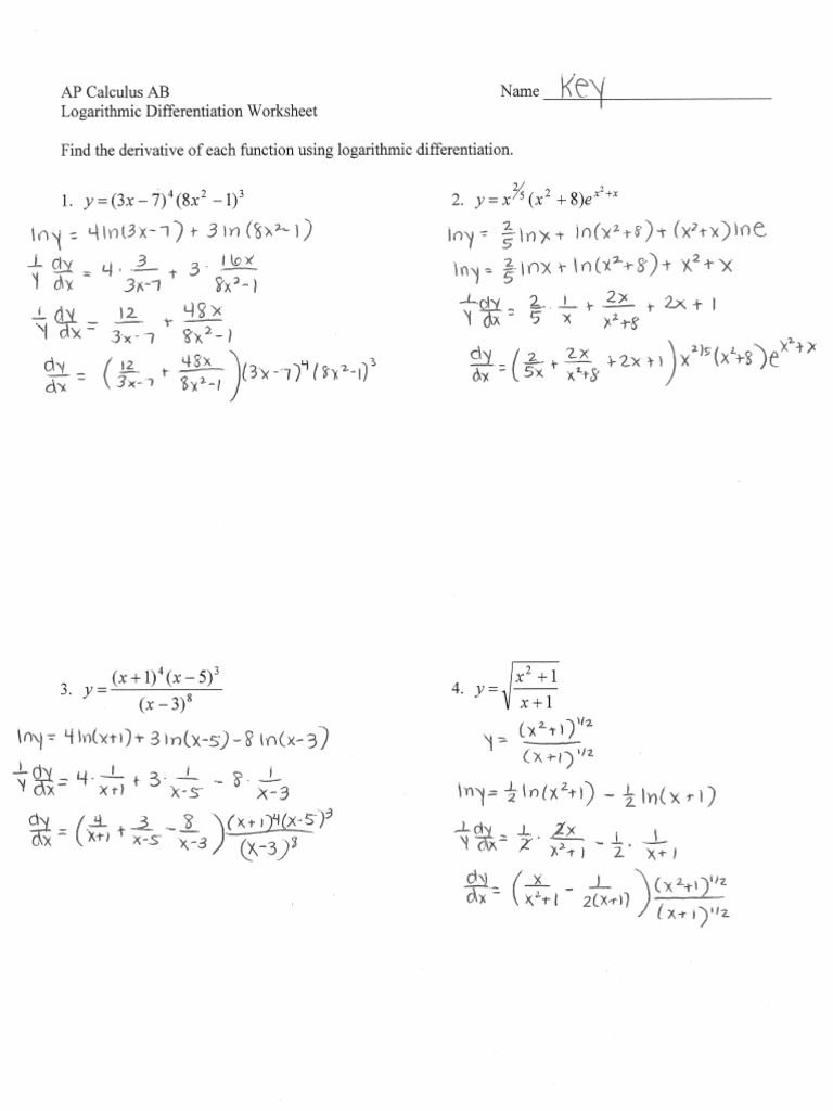 Logarithmic Diff Worksheet Key | PDF