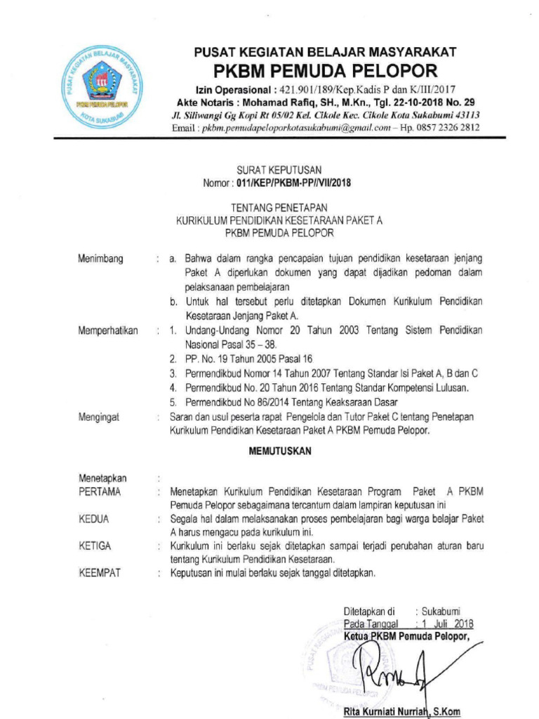 Surat Keputusan Penetapan Kurikulum | PDF