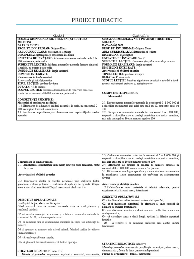 PROIECT MEM - Cl. I, Mate-CL. A IV-a | PDF