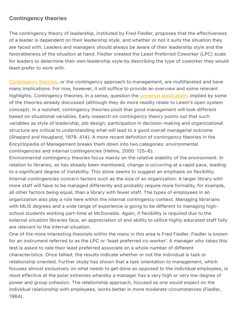 Contingency Theories | PDF | Leadership | Psychology