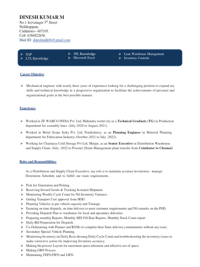 Dinesh Resume Updated-1 | Download Free PDF | Inventory | Warehouse