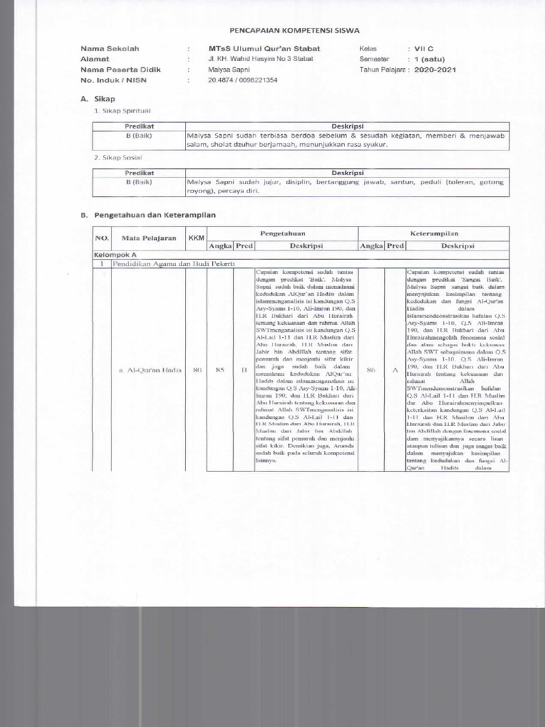 Nilai Raport Icha | PDF