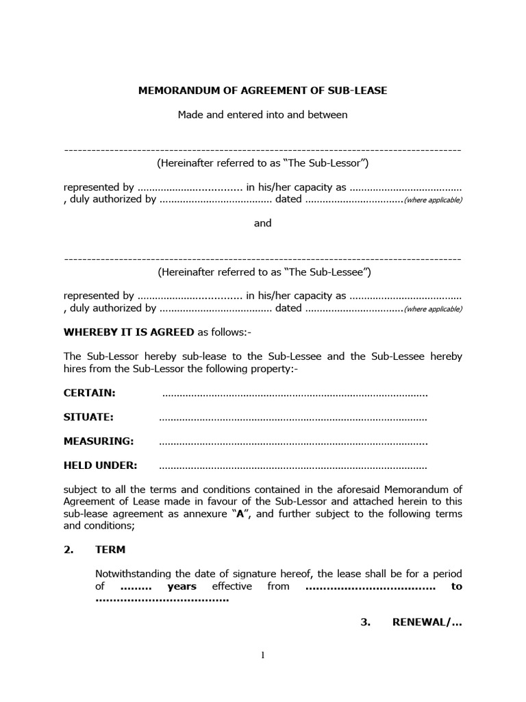Sub-Lease Agreement Memorandum Template | PDF | Lease | Breach Of Contract