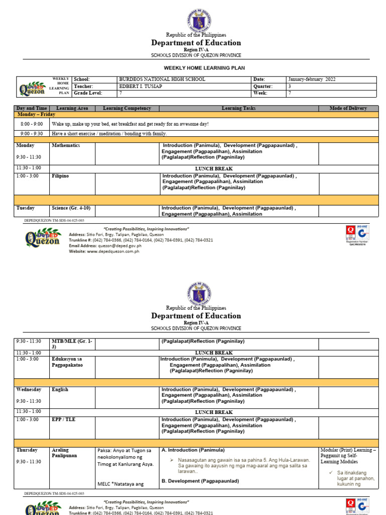 Weekly Home Learning Plan Ap7 Week 8 | PDF | Government | Philippines