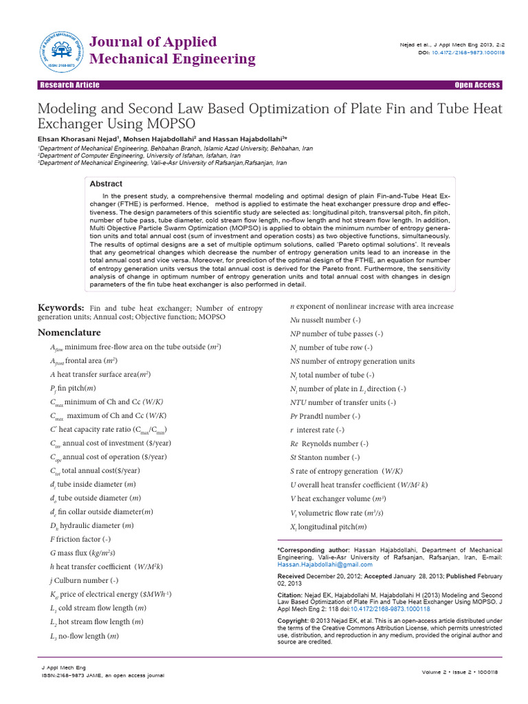 Modeling and Second Law Based Optimization of Plate Fin and Tube ...