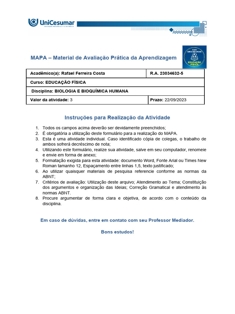 Atividade Mapa Biologia e Bioquímica Humana | PDF | Membrana celular | Osmose