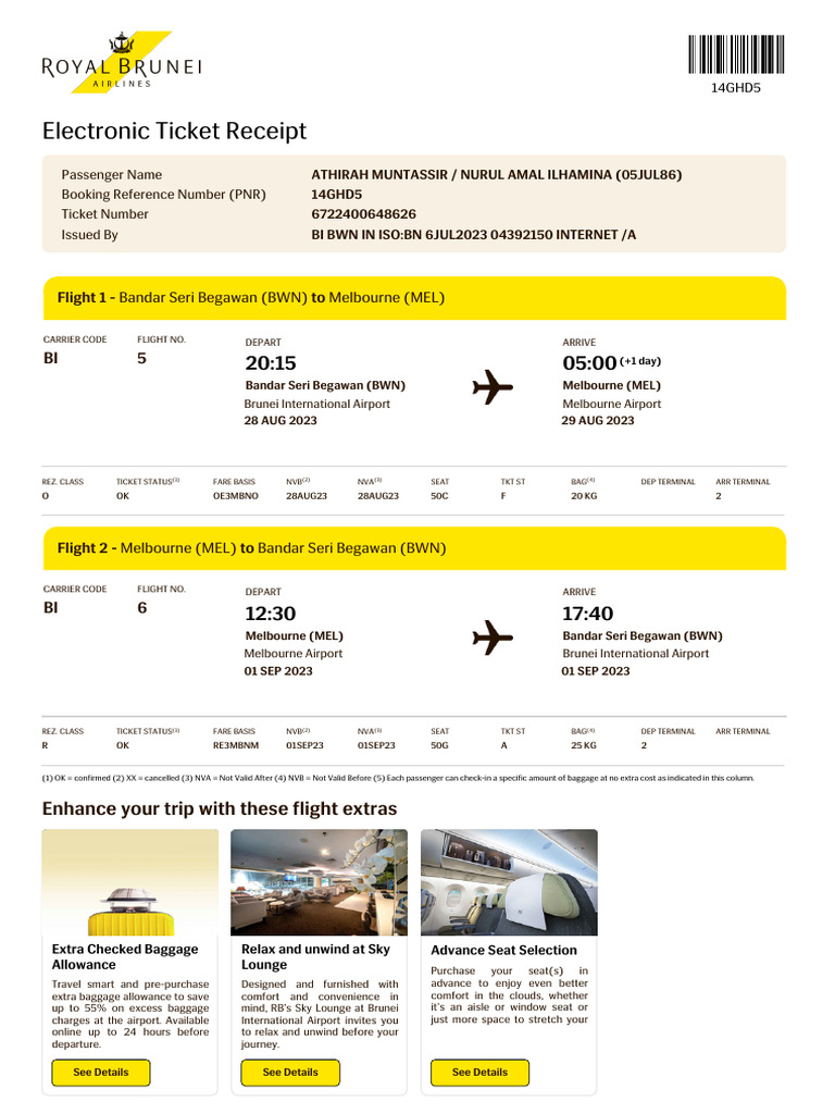 Electronic Ticket Receipt: Flight 1 - Bandar Seri Begawan (BWN) To ...