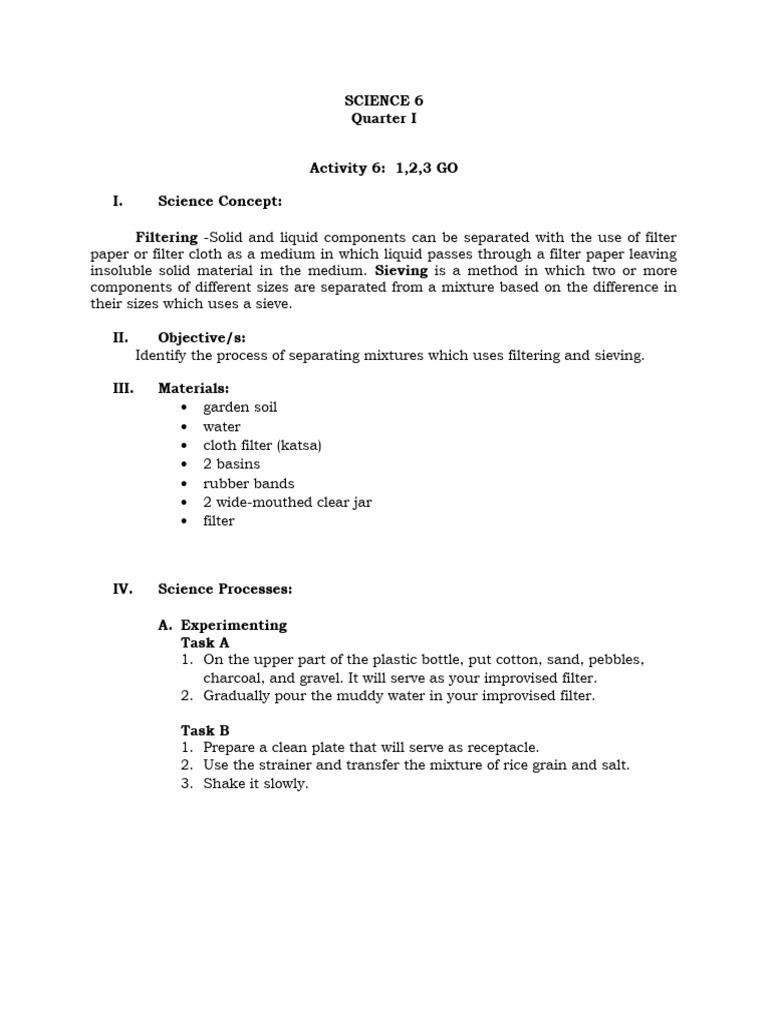 Science 6 Activity Sheet Filtering and Sieving | PDF | Filtration | Mixture