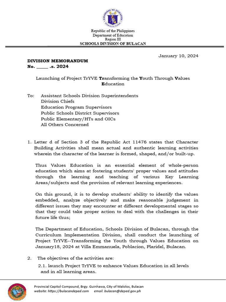 DIVISION MEMO TrYVE Launching | PDF | Learning | Cognition